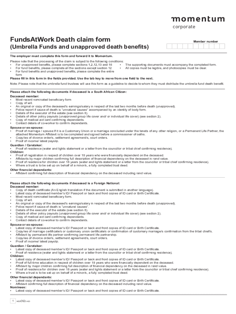 Fillable Online PDF FundsAtWork Death claim form - Momentum Fax Email ...