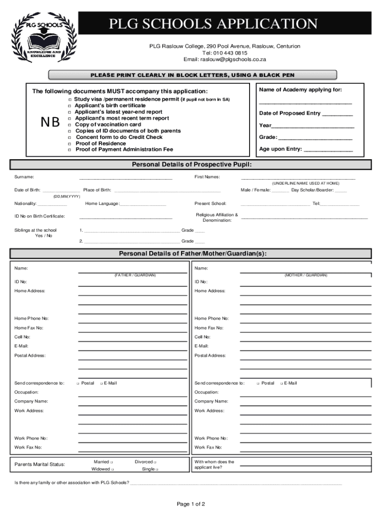Fillable Online PLG Raslouw College Application Form Template.xlsx Fax ...