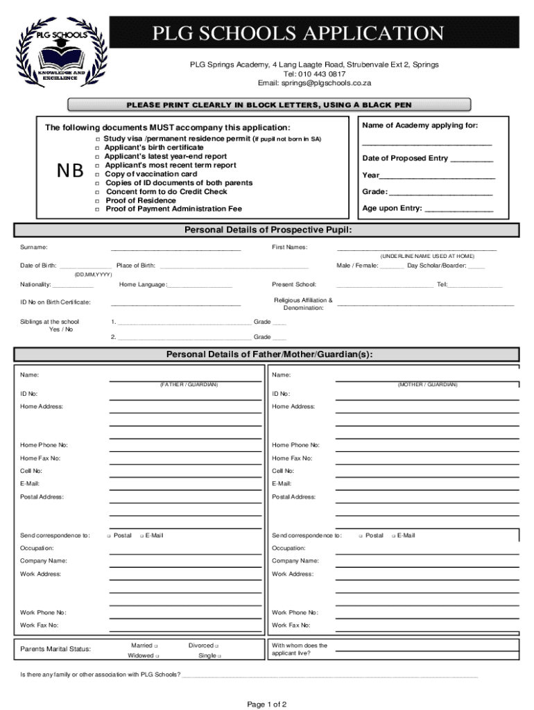 Fillable Online PLG Springs Academy Application Form Template1.xlsx Fax ...