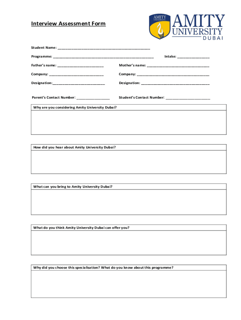 Fillable Online Interview Assessment Form - Amity University Fax Email ...