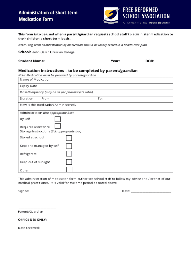 Fillable Online Administration of Short-term Medication Form Fax Email ...