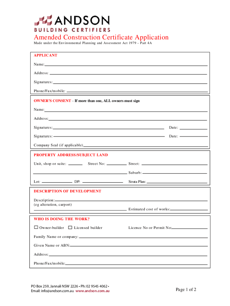 Fillable Online Application for Development Consent and Construction ...