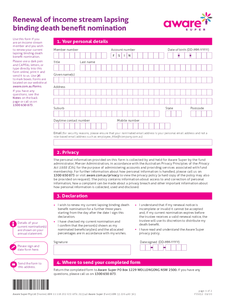 Fillable Online Renewal of lapsing binding death benefit nomination form (FSS051) Fax Email ...