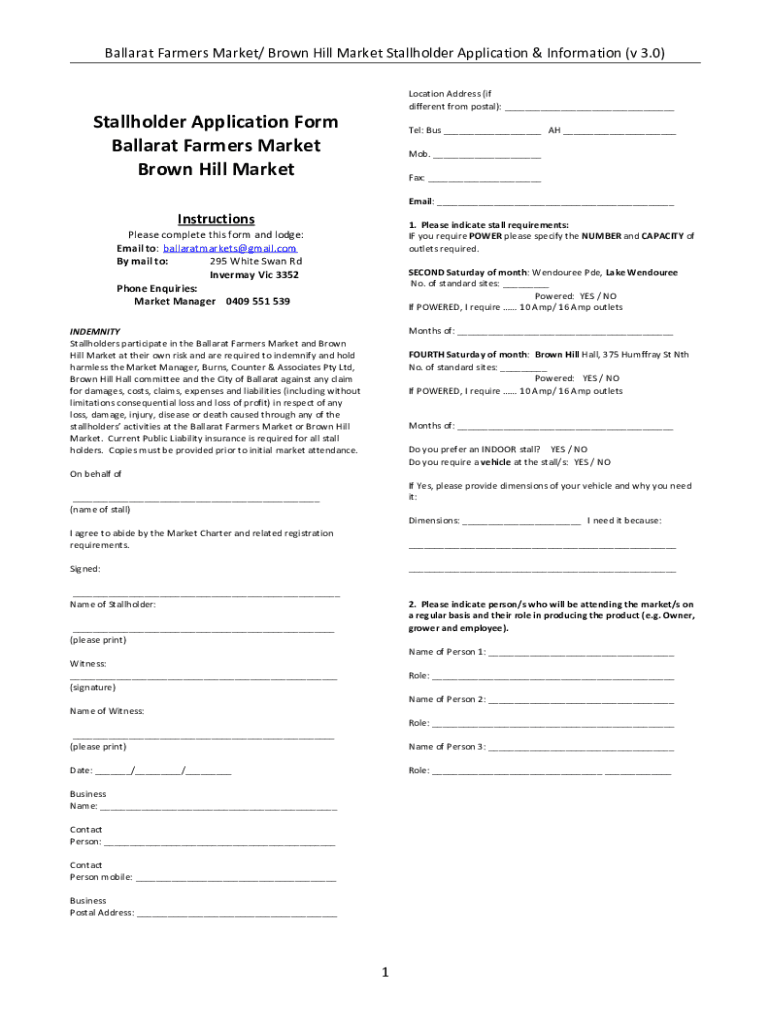 Fillable Online Stallholder Application Form Ballarat Farmers Market ...