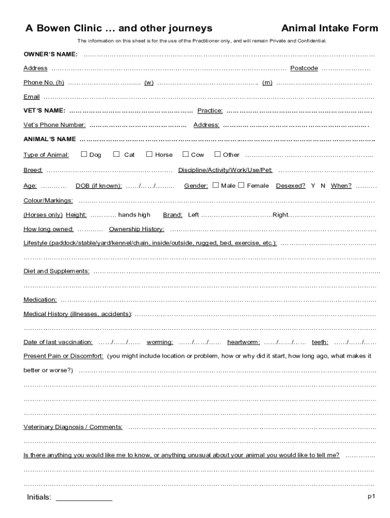 Fillable Online ABC Animal Intake Form Fax Email Print - pdfFiller