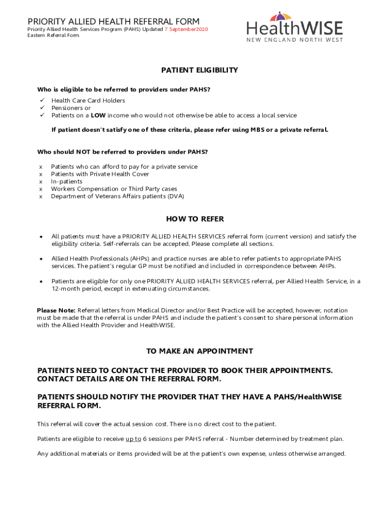 Fillable Online Priority Allied Health Services Program (PAHS) Updated ...