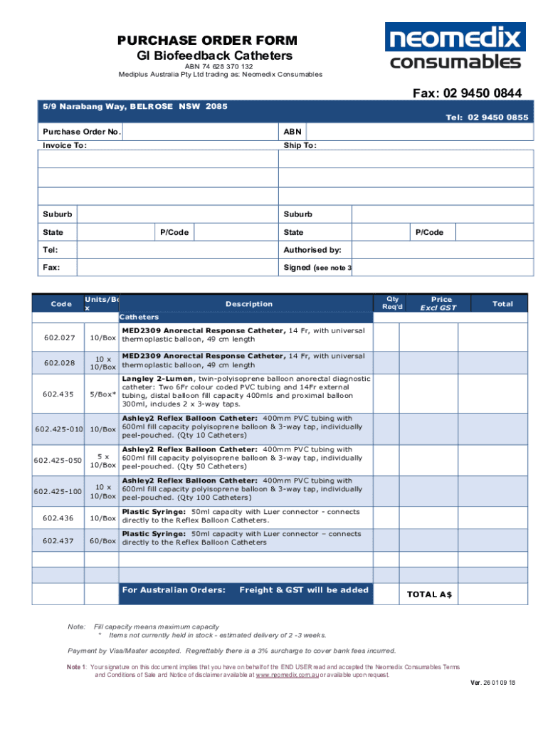 Fillable Online Biofeedback Catheter Purchase Order Form V27NP Fax ...
