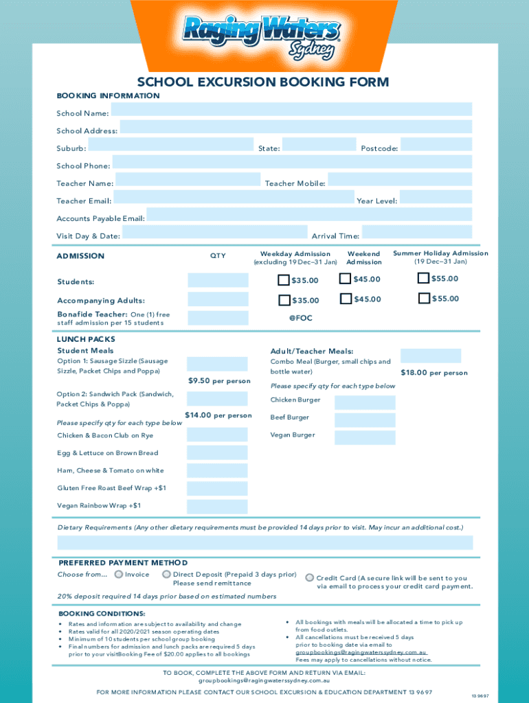 Fillable Online SCHOOL EXCURSION BOOKING FORM Fax Email Print - pdfFiller