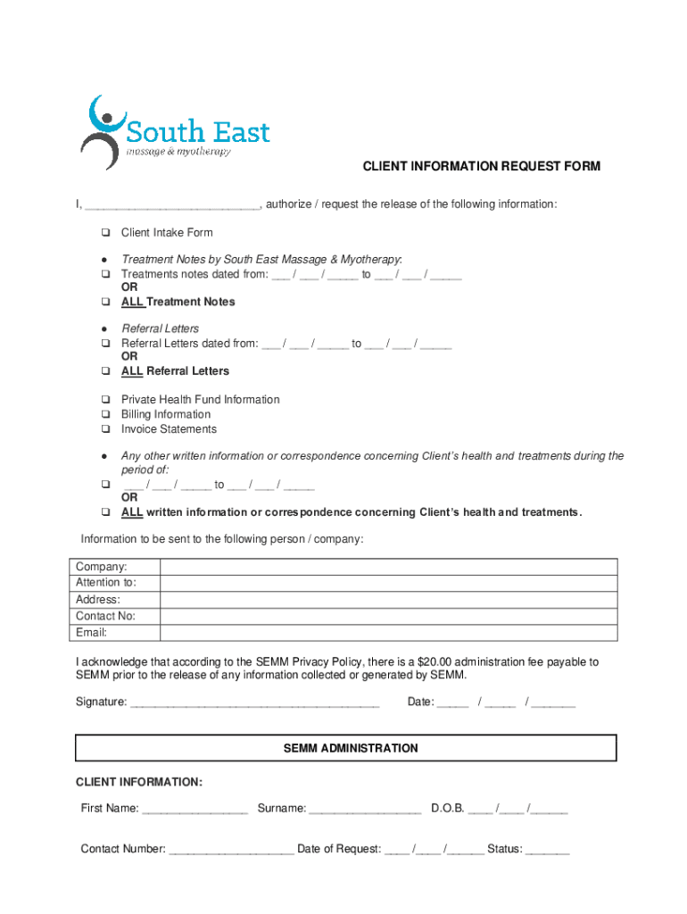 Fillable Online CLIENT INFORMATION REQUEST FORM - southeastmassage.com ...