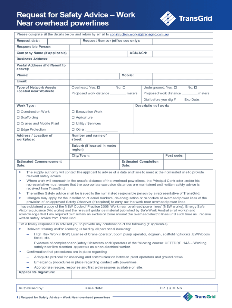 Fillable Online Request for Safety AdviceWorking Near Overhead Power ...