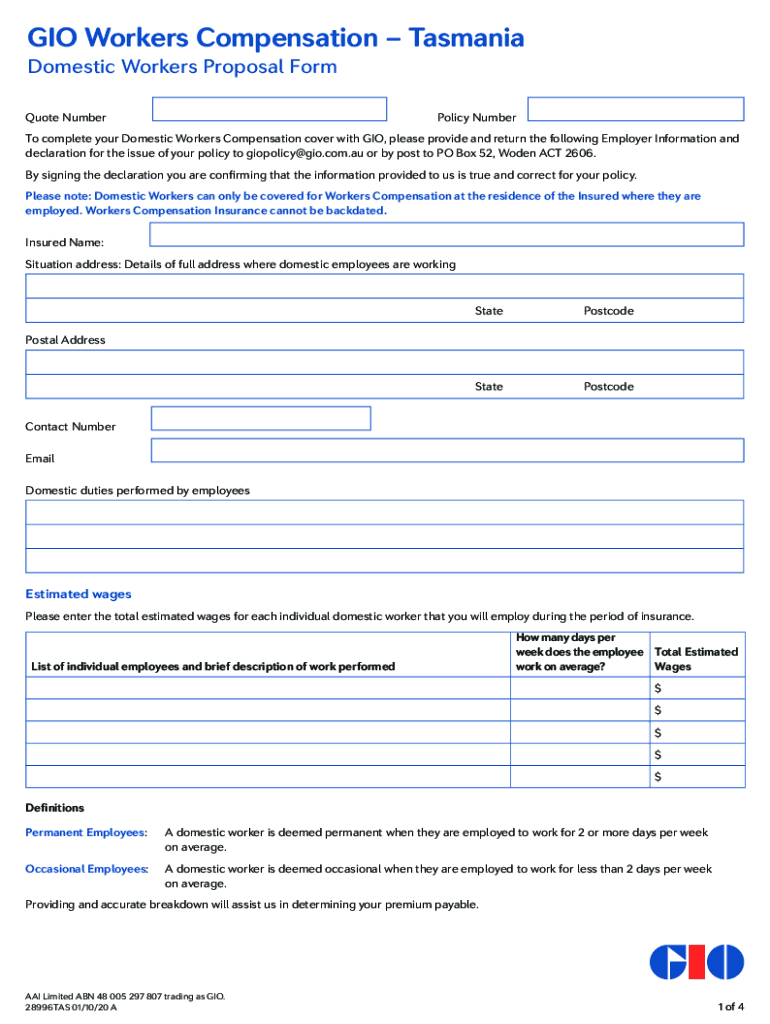 Fillable Online GIO WORKERS COMPENSATION TASMANIA PROPOSAL FORM Fax ...