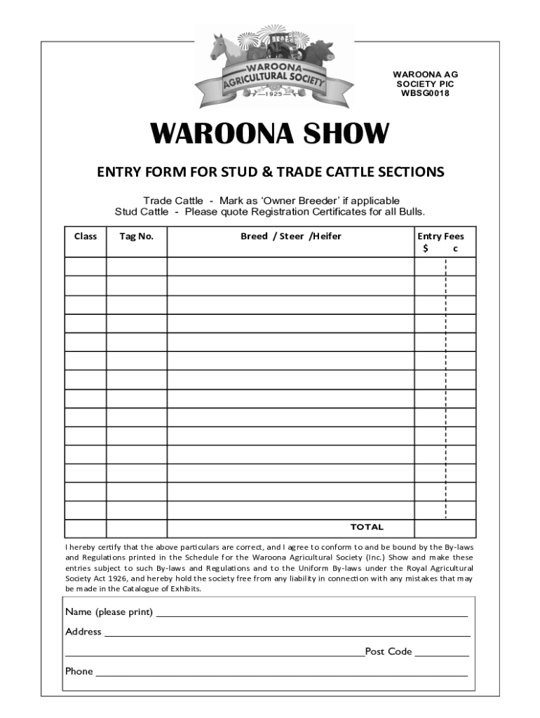 Fillable Online Waroona ShowWA's friendliest show enjoy a real taste of ...