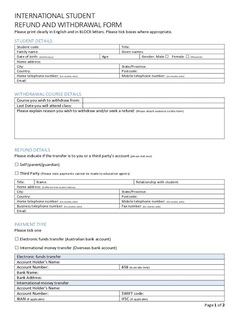 Fillable Online INTERNATIONAL STUDENT REFUND AND WITHDRAWAL FORM Fax ...