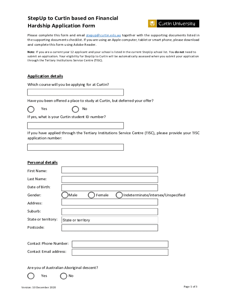 Fillable Online StepUp to Curtin based on Financial Hardship ...