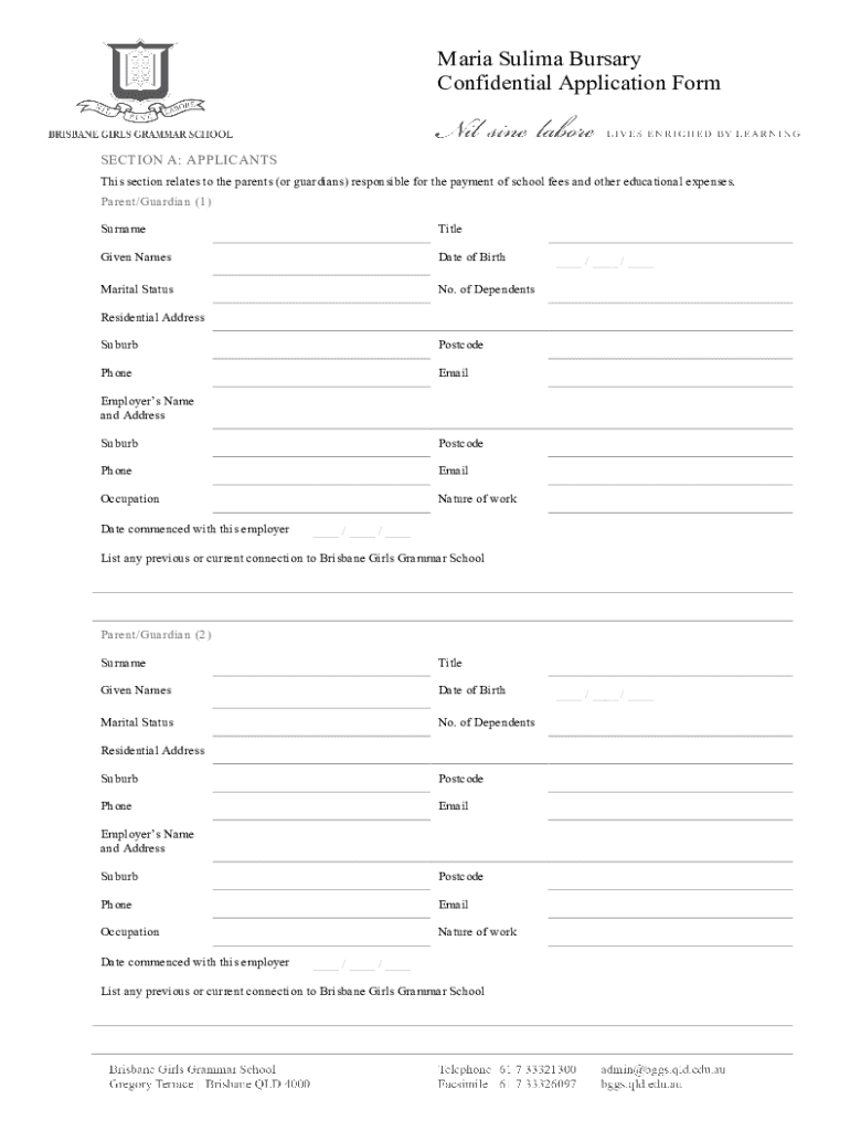 Fillable Online MARIA SULIMA BURSARY CONFIDENTIAL APPLICATION FORM ...