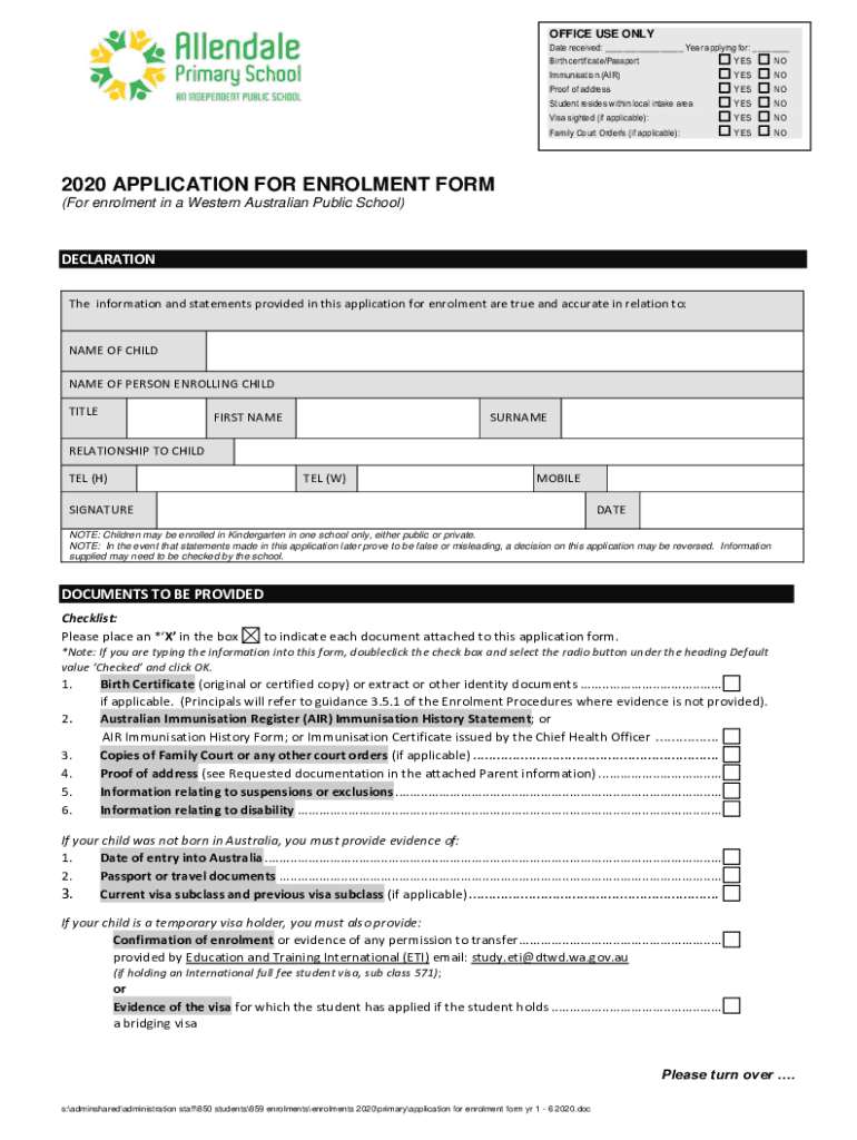 Fillable Online 2020 APPLICATION FOR ENROLMENT FORM (For enrolment in a ...