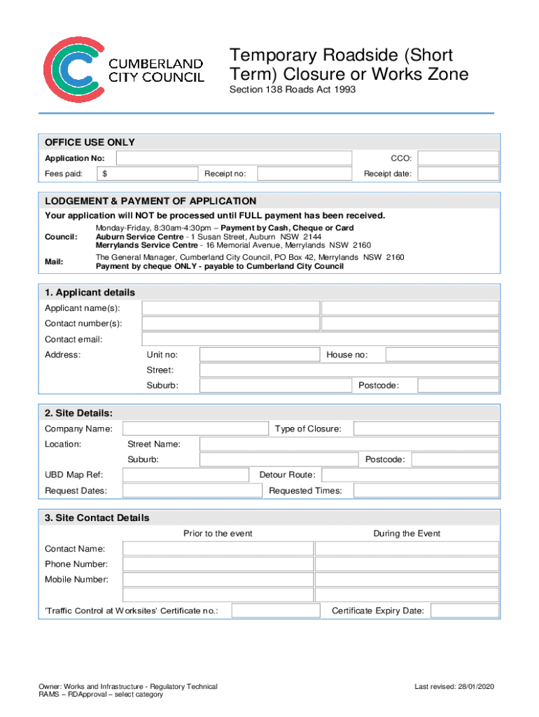 Fillable Online Temporary Roadside (Short Term) Closure or Works Zone Fax Email Print - pdfFiller