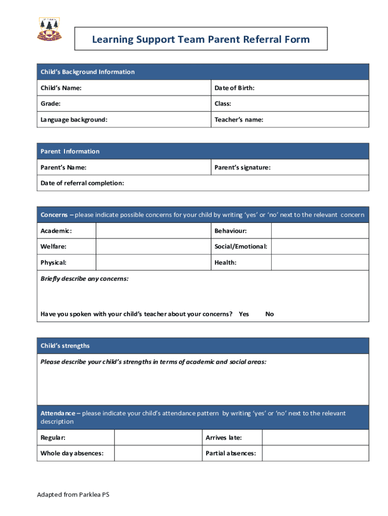 Fillable Online Learning Support Team Parent Referral Form Fax Email ...