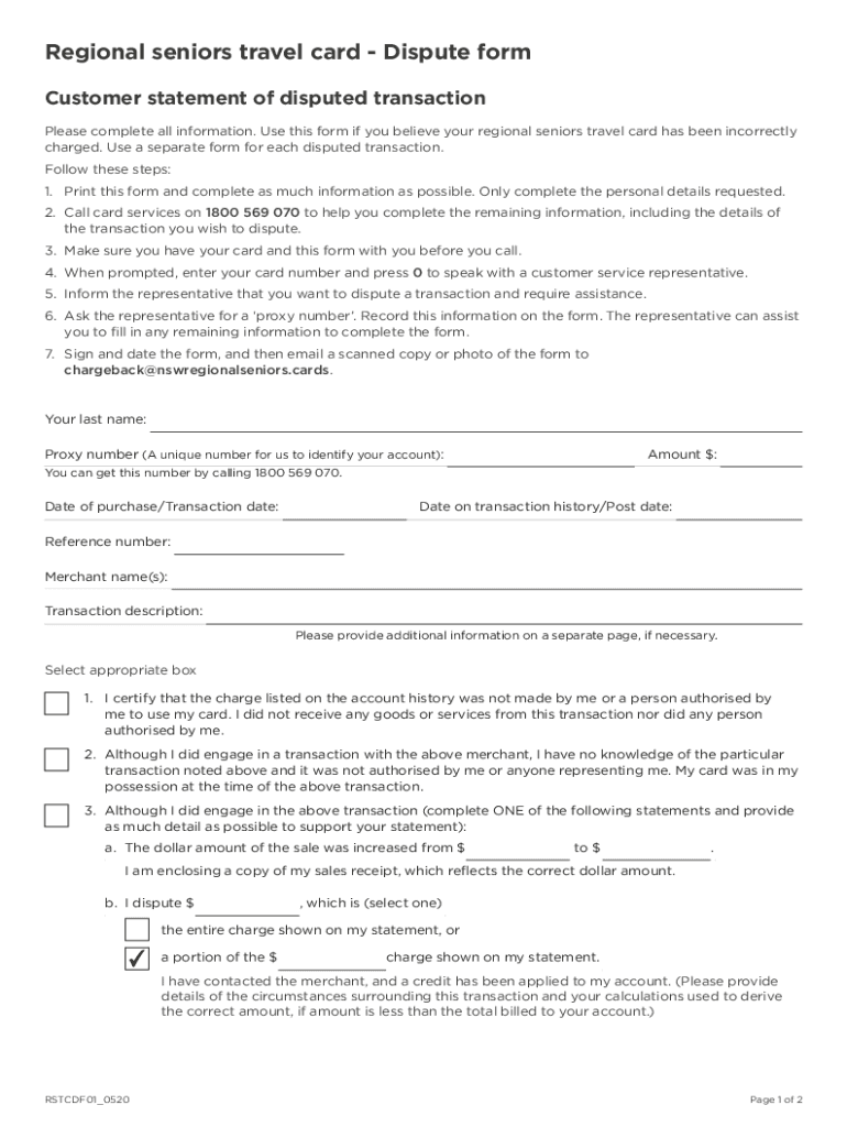 Fillable Online Regional seniors travel card - Dispute form - Customer ...