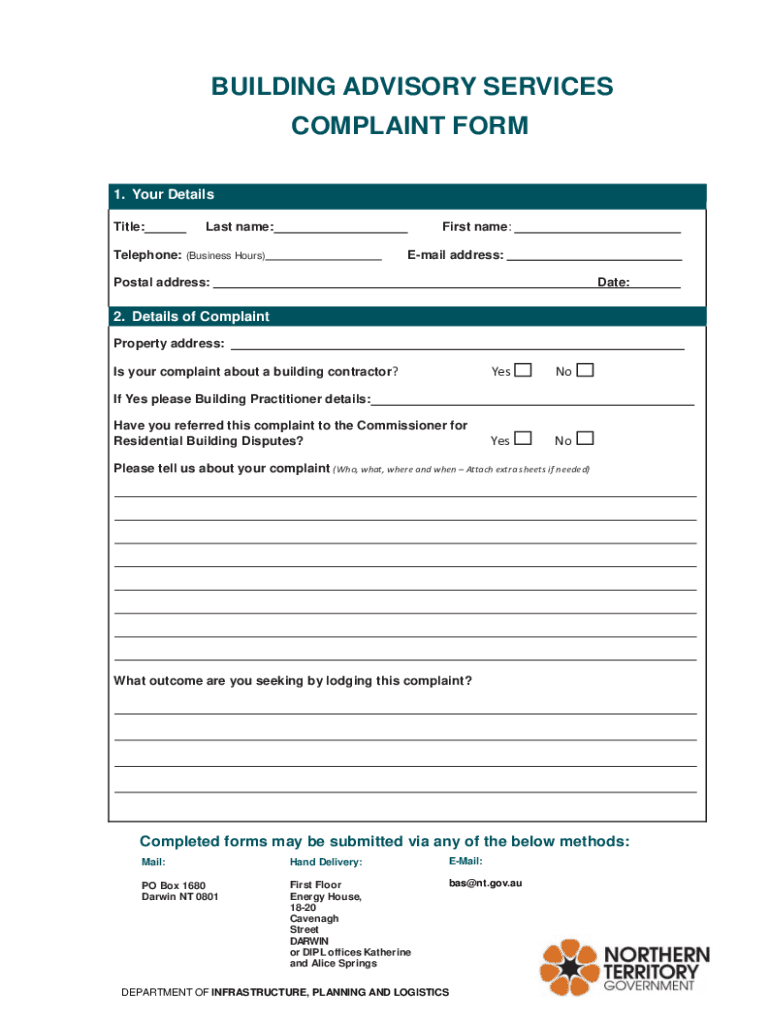 Fillable Online nt gov Building advisory services complaint form Fax ...