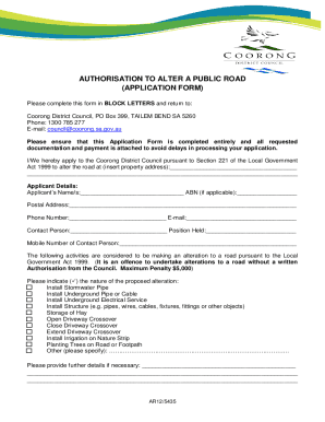 Fillable Online PERMIT TO USE ROAD FOR BUSINESS PURPOSE (APPLICATION ...