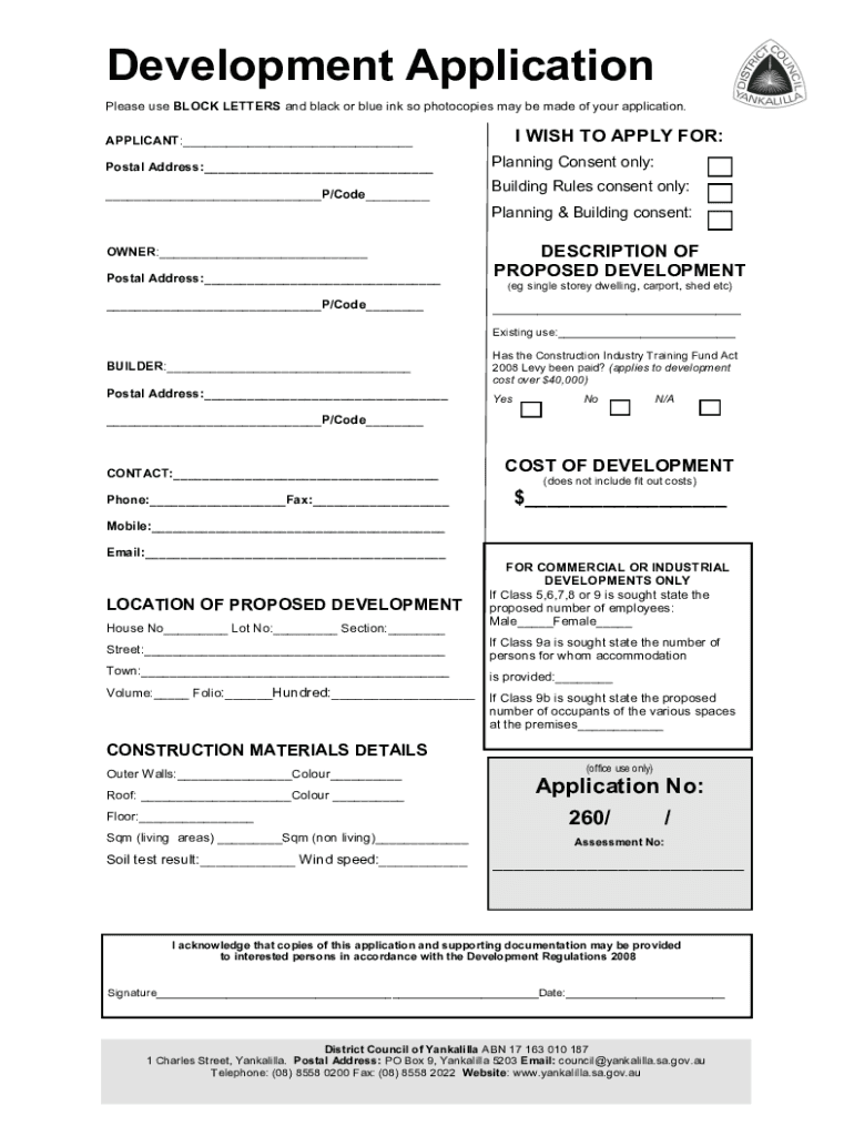 Fillable Online Development Application Register City of Port Lincoln ...