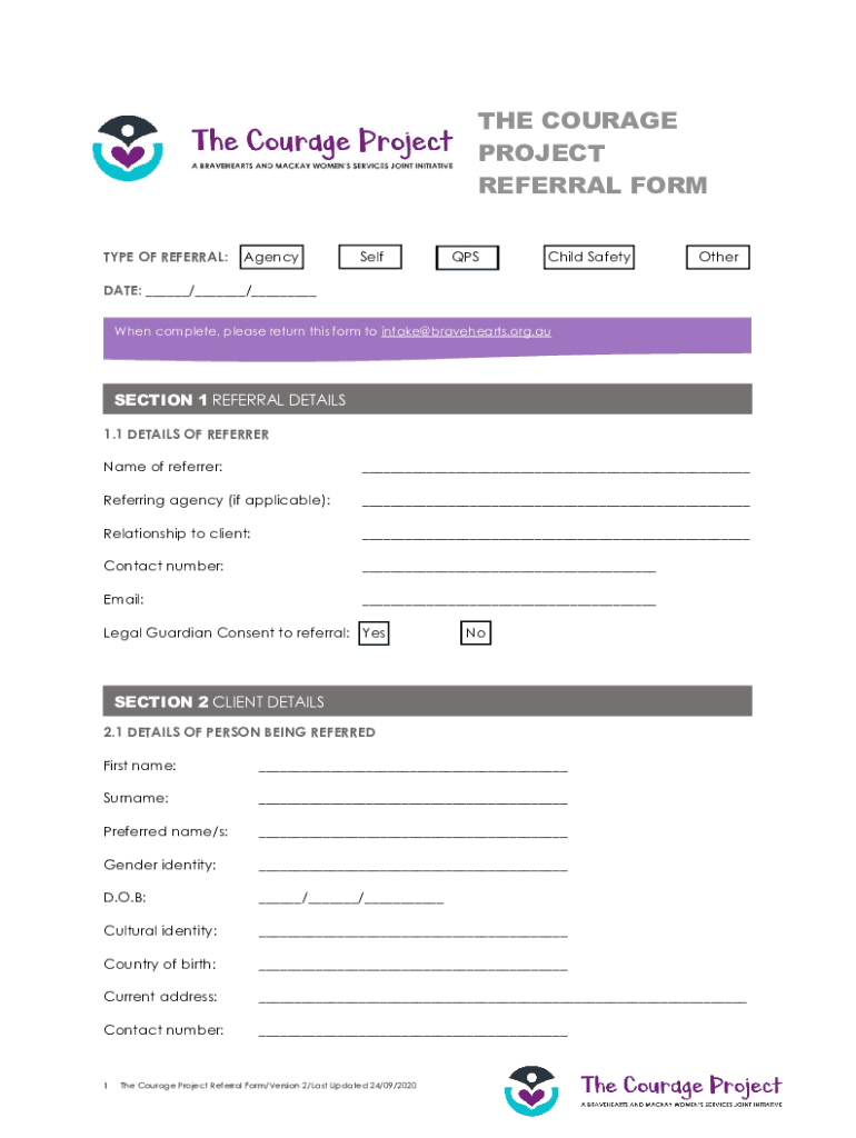 Fillable Online bravehearts org THE COURAGE PROJECT REFERRAL FORM ...