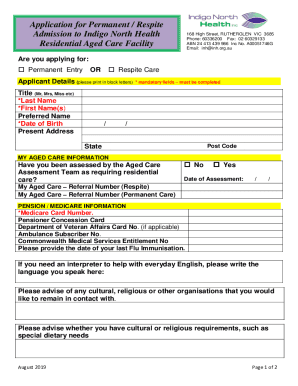 Fillable Online Application for Permanent / Respite Admission to Indigo ...