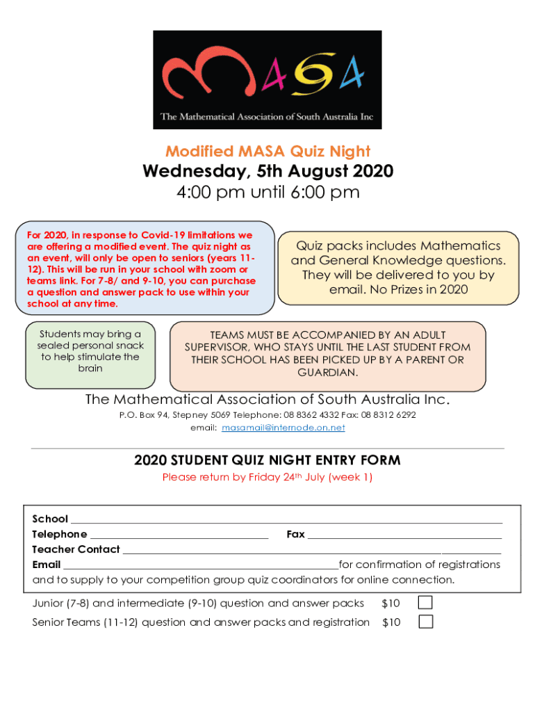 Fillable Online Modified MASA Quiz Night Fax Email Print - pdfFiller