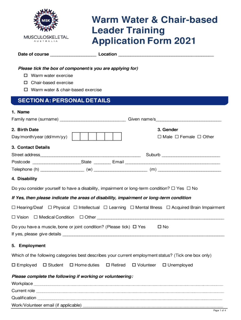 Fillable Online Warm Water & Chair-based Leader Training Application ...