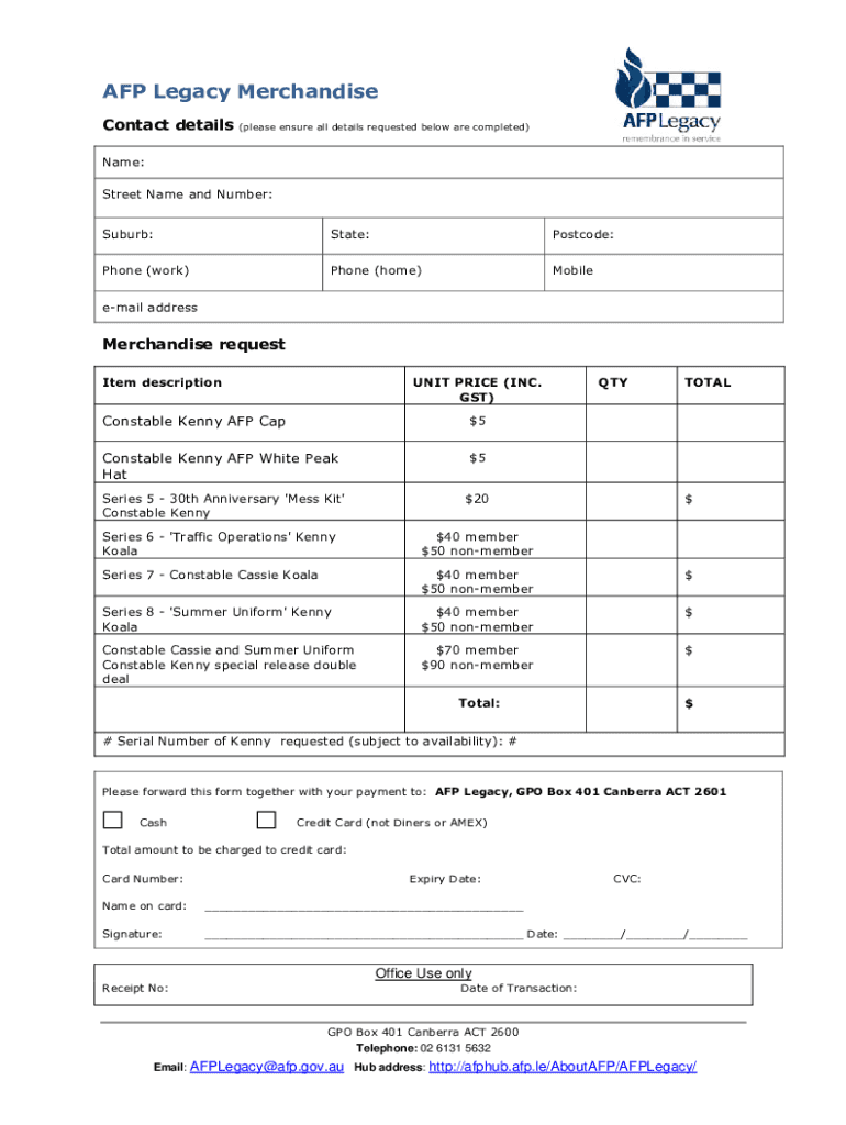 Fillable Online AFP Legacy Merchandise - Police Legacy (AFP Fax Email ...