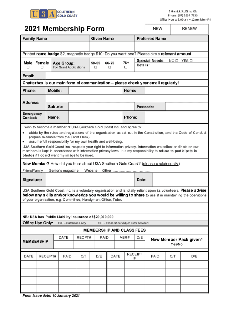 Fillable Online 2021 U3A Membership Application Form version 10 Jan ...