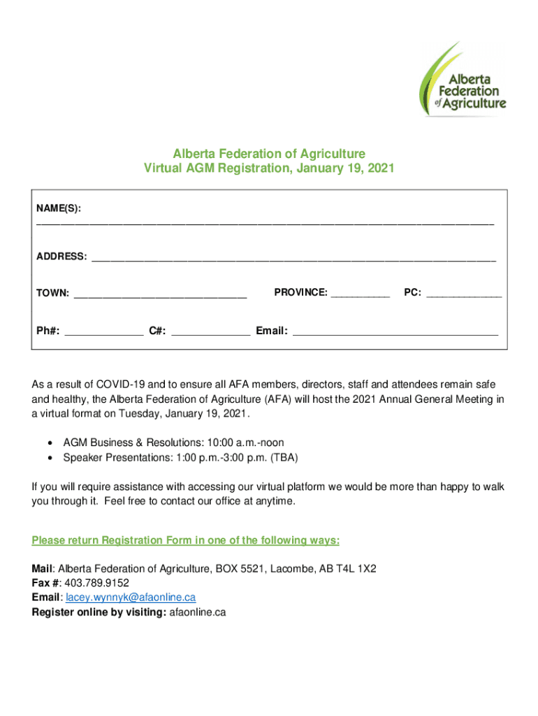Fillable Online PDF Alberta Federation of Agriculture Virtual AGM Registration, January ... Fax ...