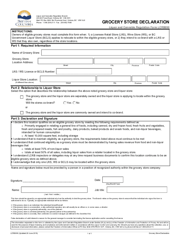 Fillable Online Grocery Store Declaration Form - Liquor & Wine Stores ...
