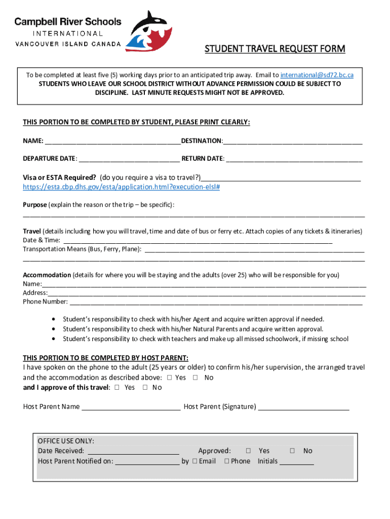 Fillable Online Student Travel Request Form - Comox Valley ...