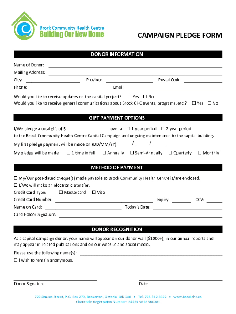Fillable Online CAMPAIGN PLEDGE FORM - Brock Community Health Centre ...