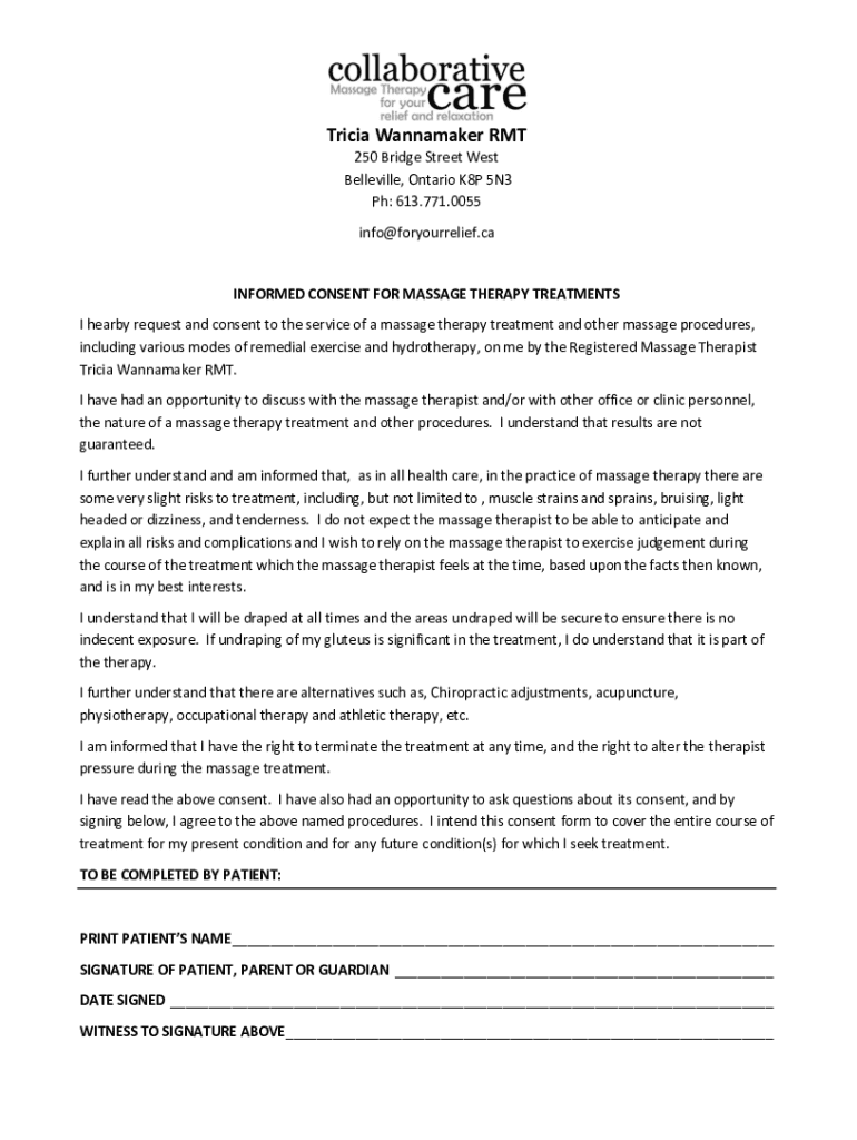Fillable Online Tricia Wannamaker RMT - Collaborative Care Massage ...