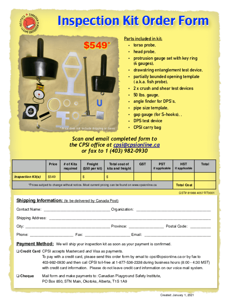 Fillable Online Inspection Kit Order FormInspection Kit Order Form Fax ...