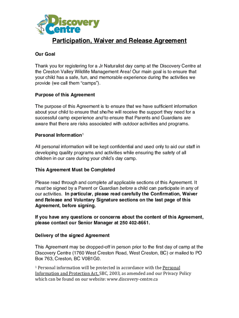 Fillable Online AGREEMENT FOR PARTICIPATION AND WAIVER & RELEASE OF LIABILITY Fax Email Print ...