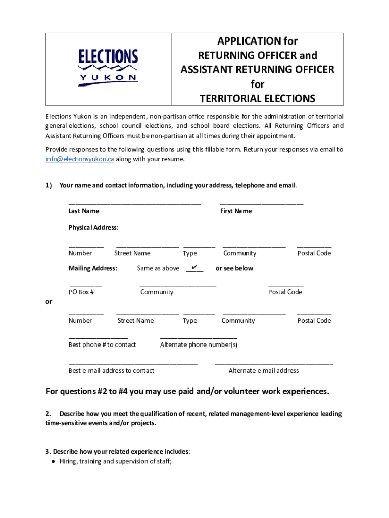 Fillable Online APPLICATION for RETURNING OFFICER and ... - Elections ...