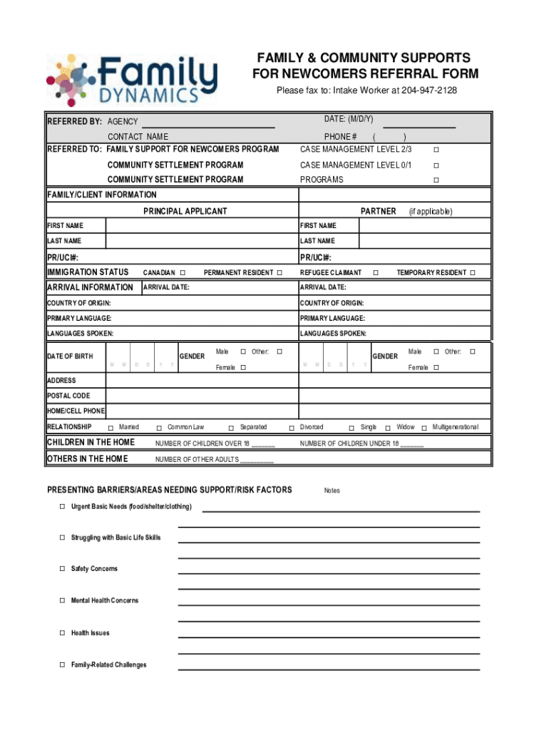 Fillable Online FAMILY & COMMUNITY SUPPORTS FOR NEWCOMERS REFERRAL FORM ...
