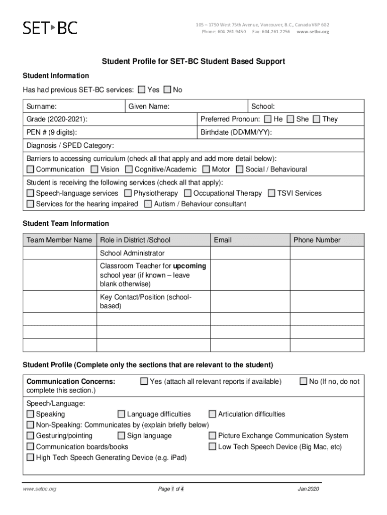 Fillable Online SET-BC Student Profile Form 2020-2021. SET-BC Student Profile Form 2020-2021 Fax ...