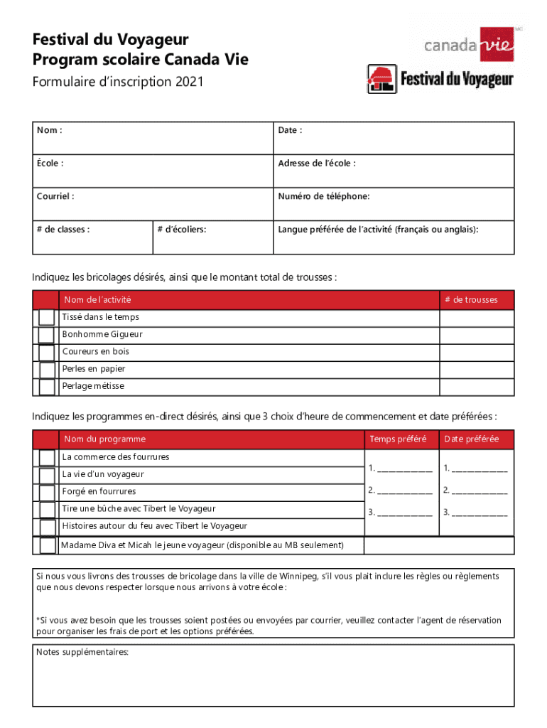 Remplissable En Ligne Festival du Voyageur Program scolaire Canada Vie ...