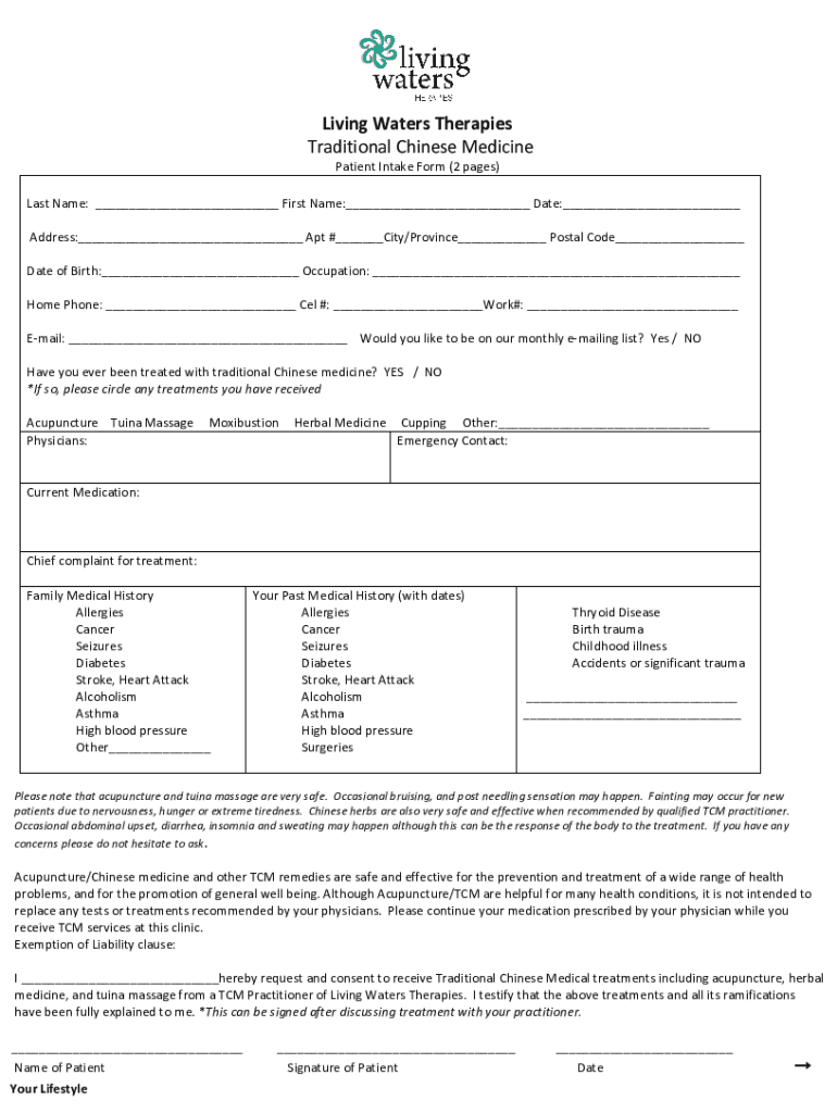 Fillable Online Traditional Chinese Medicine Patient Intake Form: *If ...