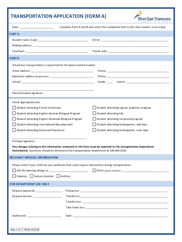 Fillable Online TRANSPORTATION APPLICATION (FORM A) - Retsd.mb.ca ...