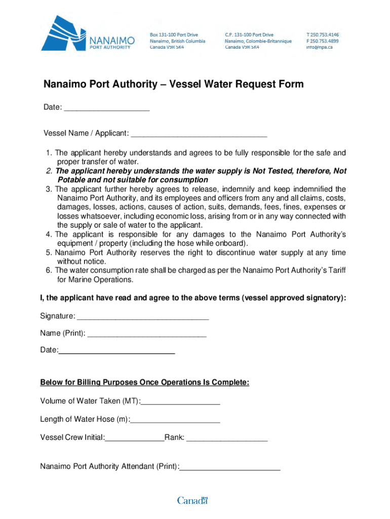 Fillable Online Nanaimo Port AuthorityVessel Water Request Form Fax ...