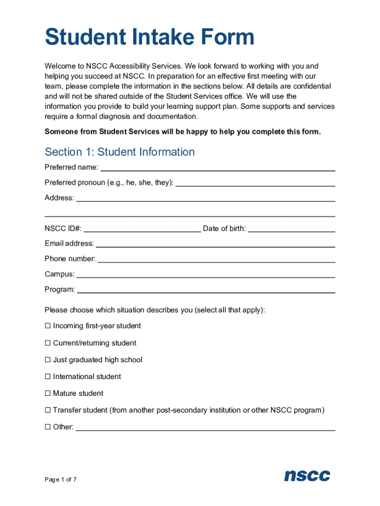 Fillable Online NSCC Accessibility Services Student Intake form Fax Email Print - pdfFiller