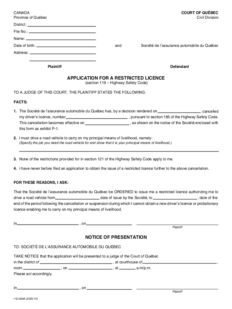 Fillable Online Form SJ-604A "Application for a Restricted Licence ...