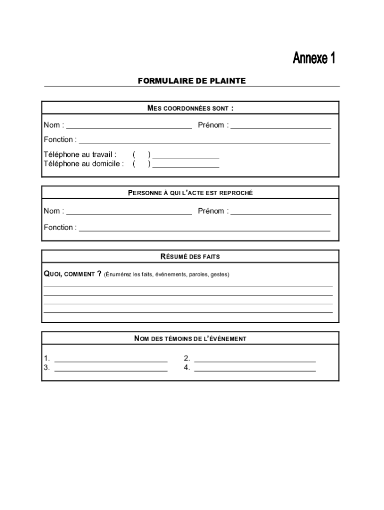 Remplissable En Ligne Formulaire de plainte de violence ou de harclement au travail Fax Email ...