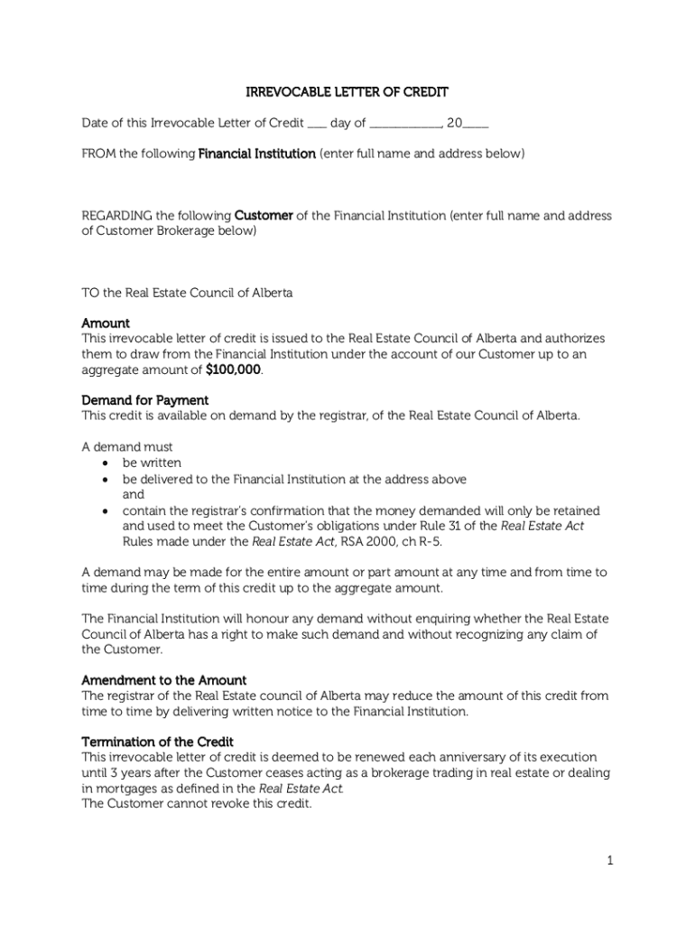 Fillable Online IRREVOCABLE LETTER OF CREDIT Date of this Irrevocable ...